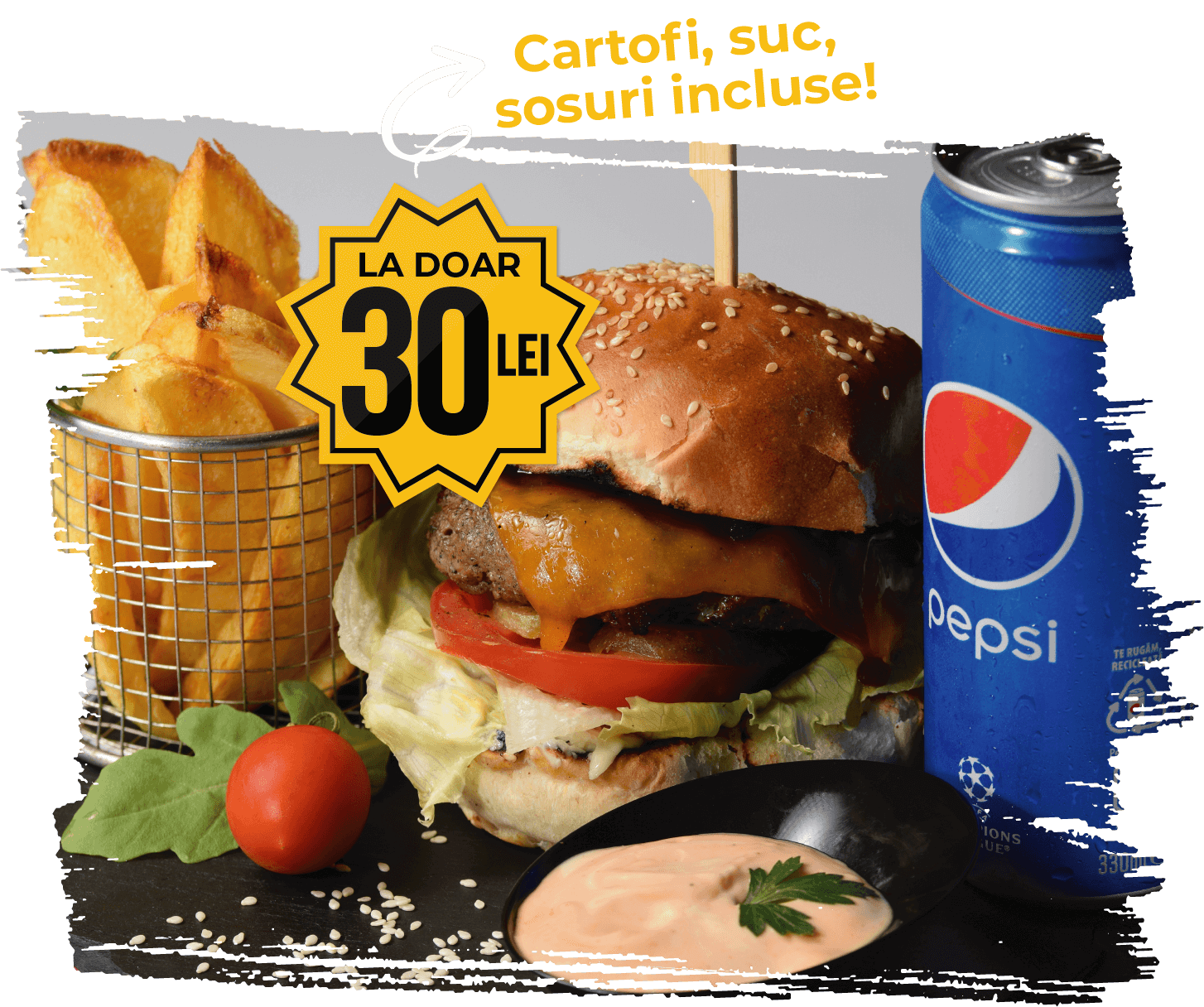 Meniuri Burger Timisoara - Cartofi, suc si sosuri incluse!